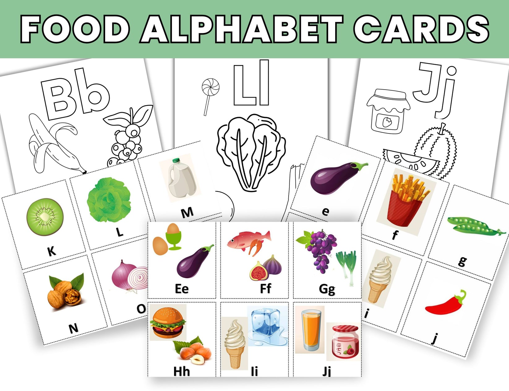 Food Alphabet Cards, Game and Coloring Sheets-Educational A-Z Food-The ...