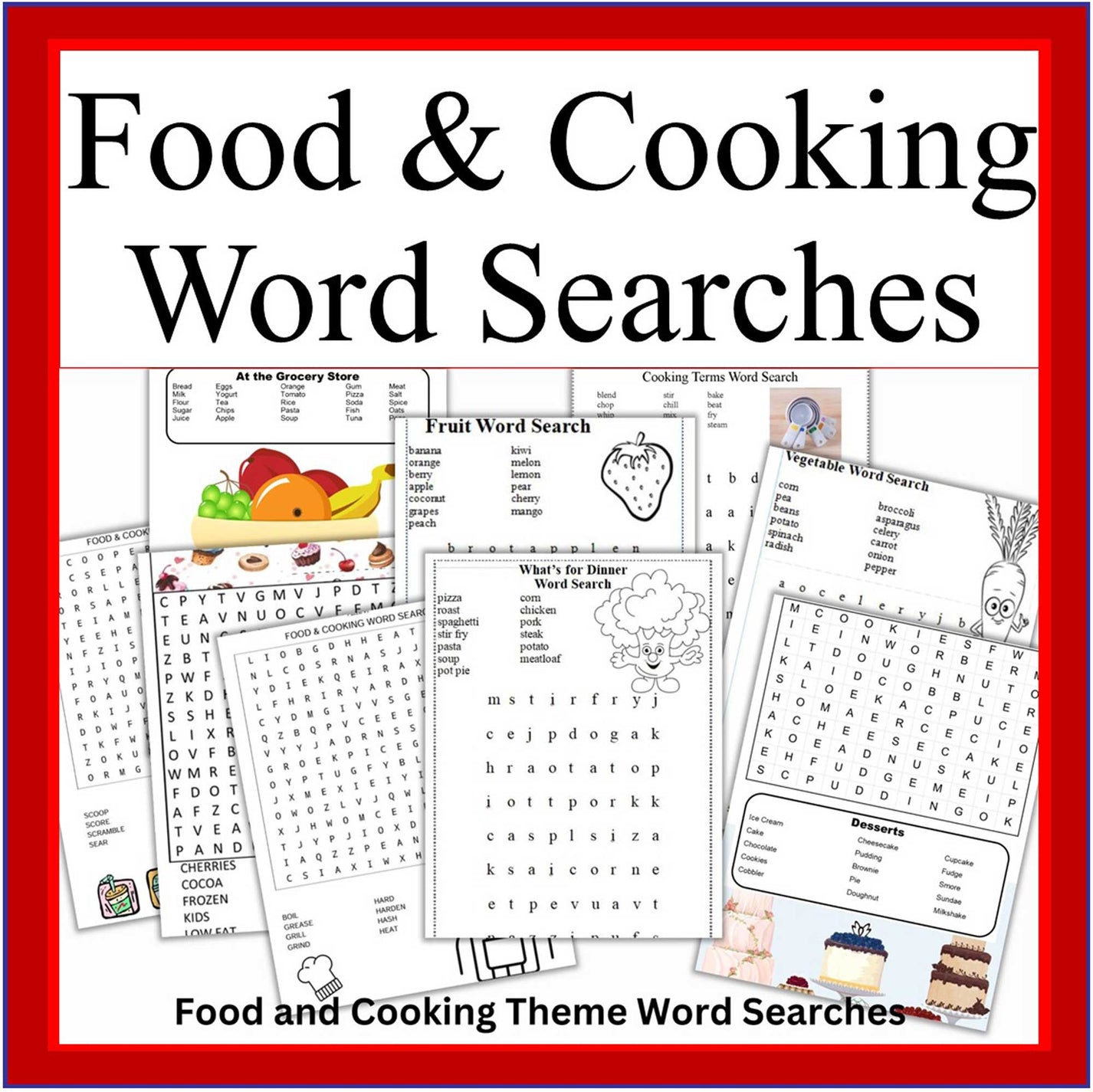 Cooking and Food Theme Word Searches-52 Fun Puzzles for Kids-Digital D ...