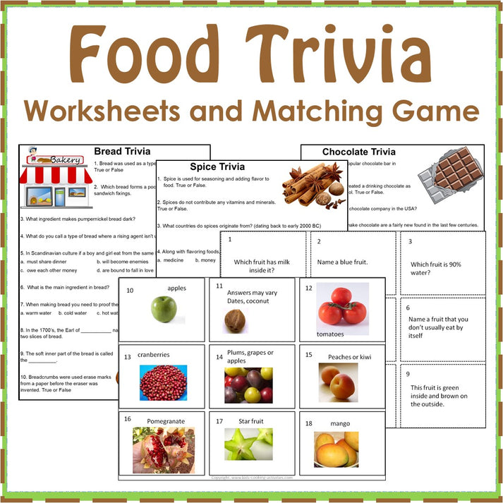 Food Trivia Worksheets & Matching Card Game – Fun Food Facts for Kids ...